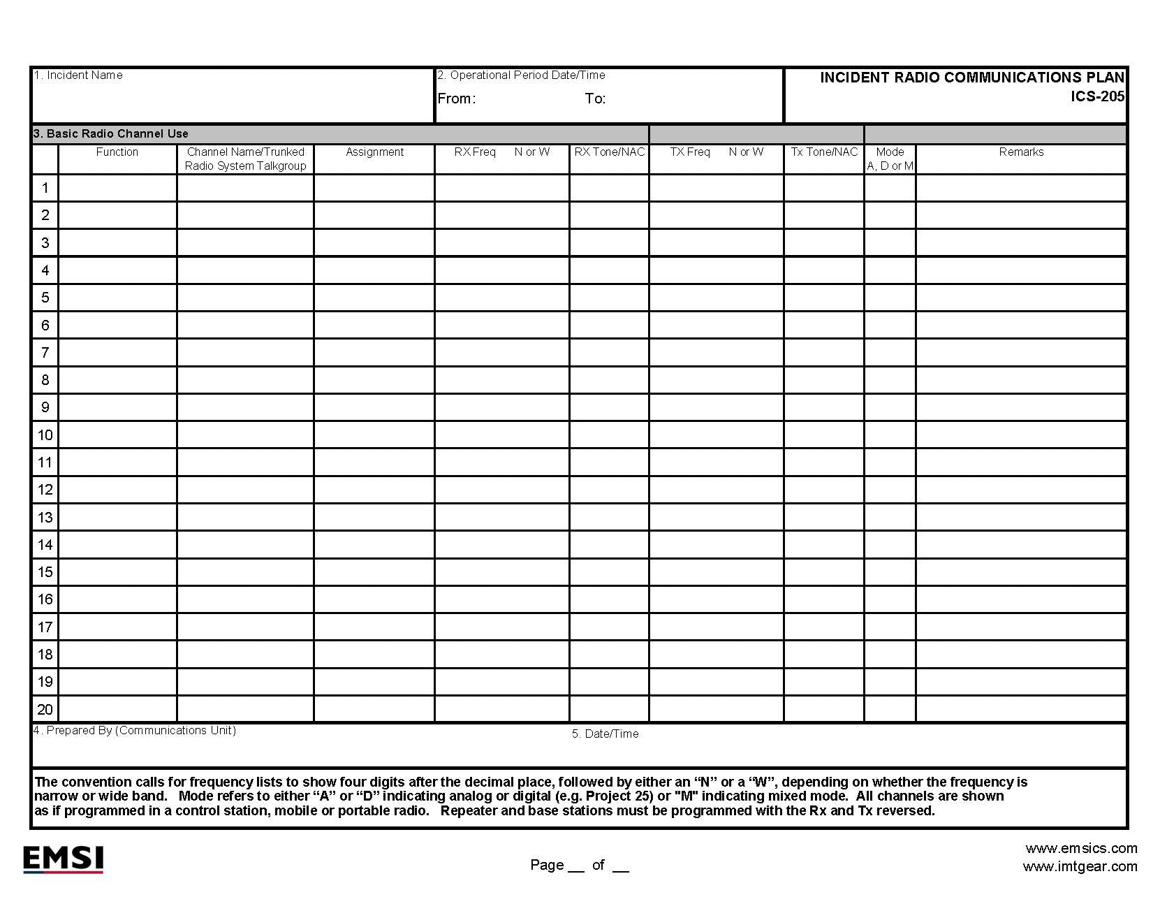 ICS-205 Incident Radio Communication Plan Form