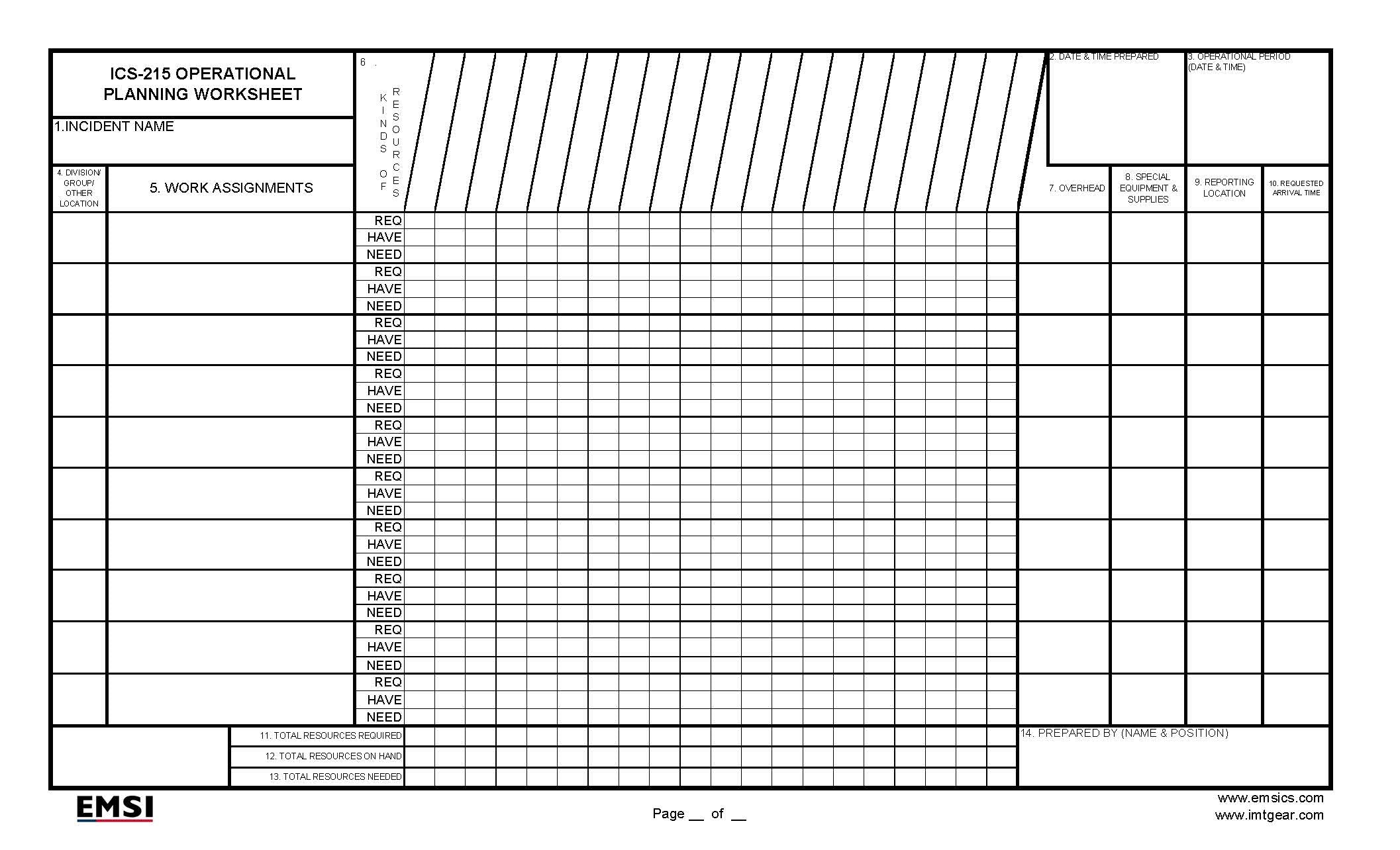 ICS-215 Operational Planning Worksheet Form