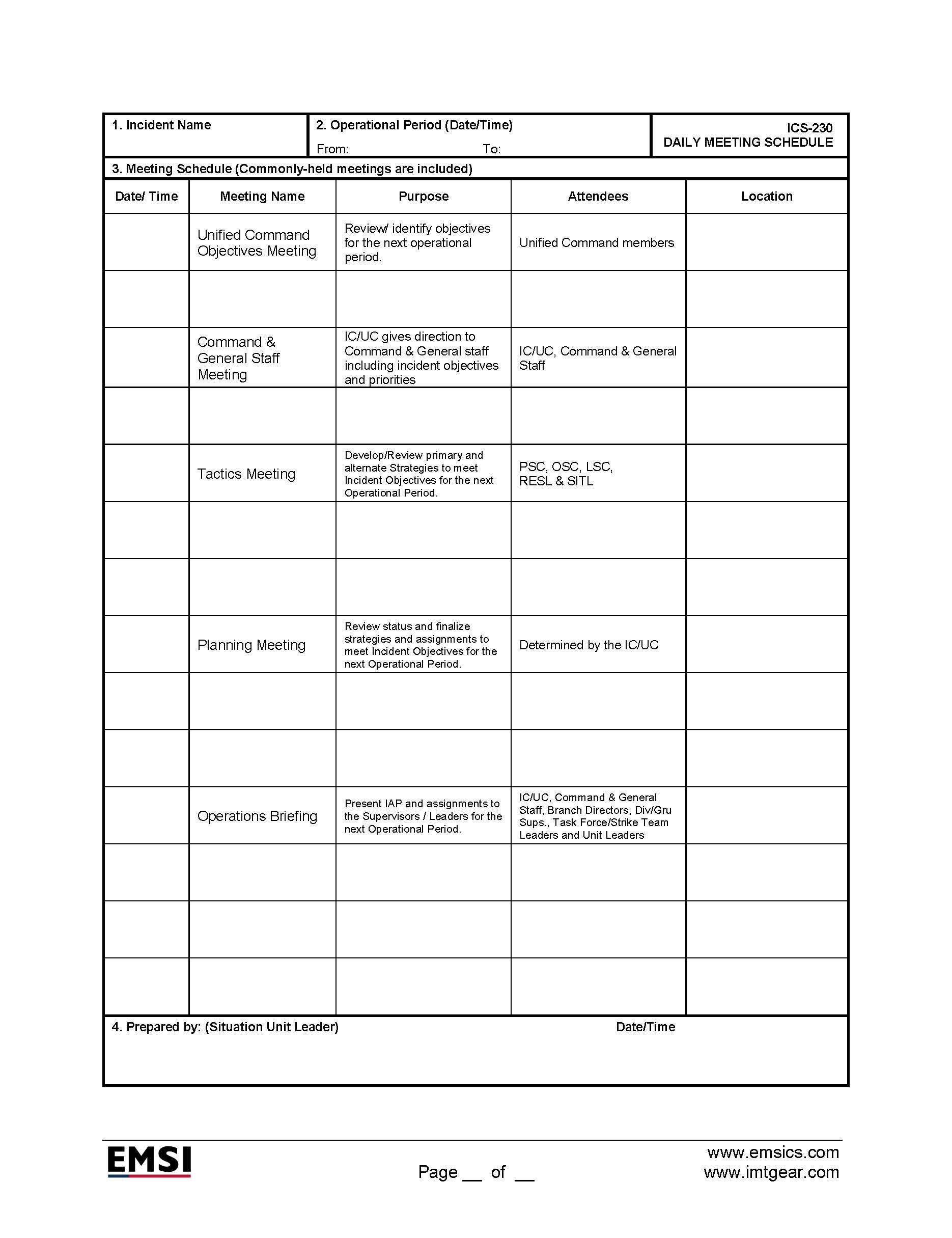 ICS-230 Daily Meeting Schedule Form